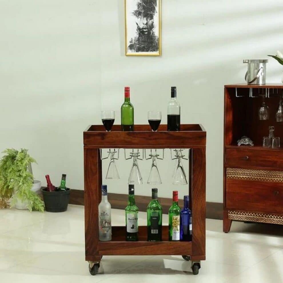 Solid Wood Bar Trolley In Honey Oak Finish